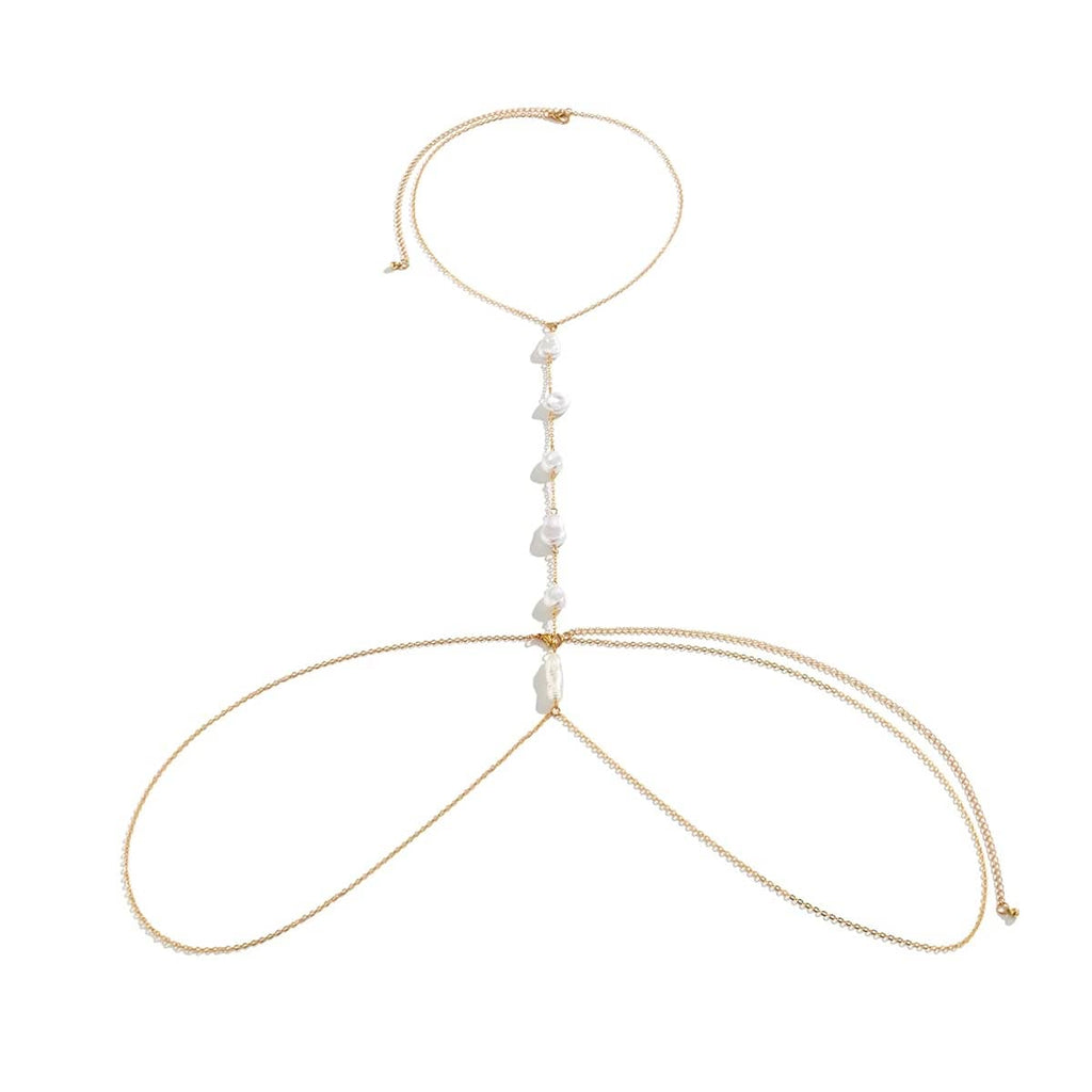 Boho Pearl Cross Chest Bra & Belly Chain Body Jewelry – Festival Look ...