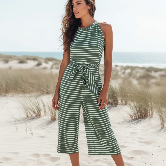 Boho Striped Sleeveless Romper Jumpsuit – Belted Wide Leg Summer Style ...